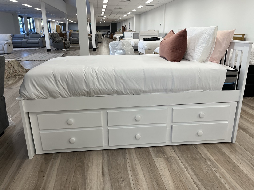 White Timber King Single Trundle Bed with Drawers - Seconds Furniture
