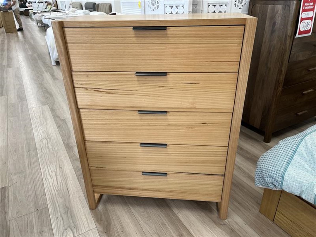 Light Oak Timber 5 Drawer Tallboy - Seconds Furniture