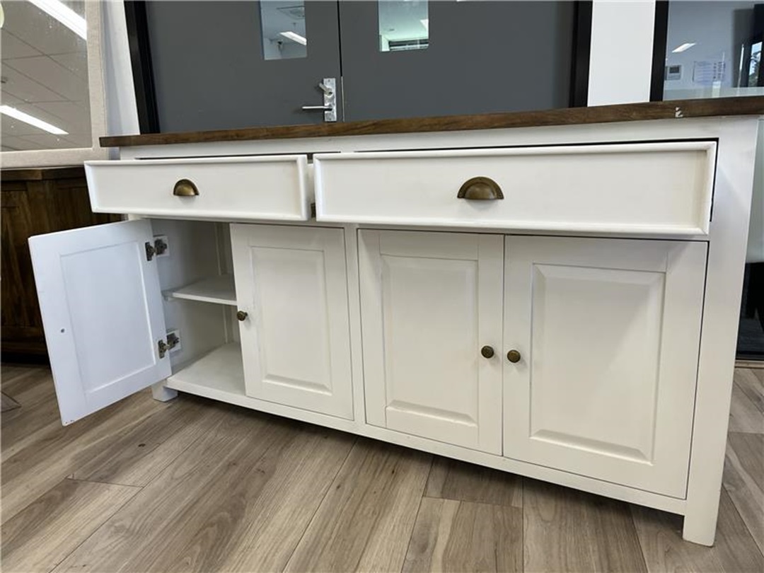 4 Door, 2 Drawers White Timber Buffet with Walnut Top - Seconds Furniture
