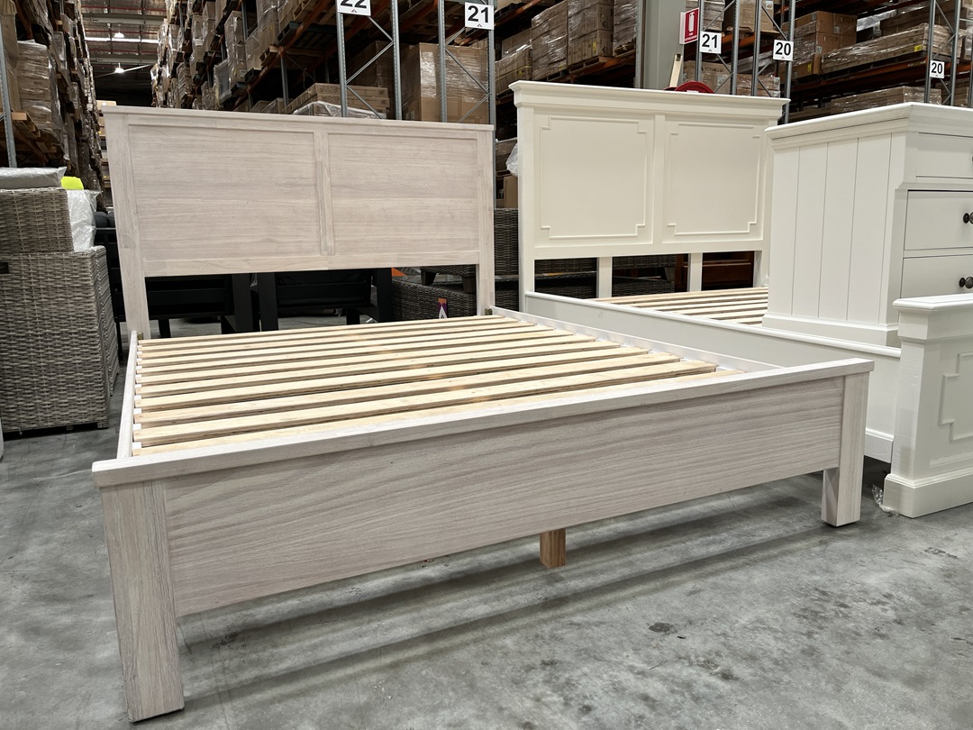 Whitewash Timber Queen Bed - Seconds Furniture